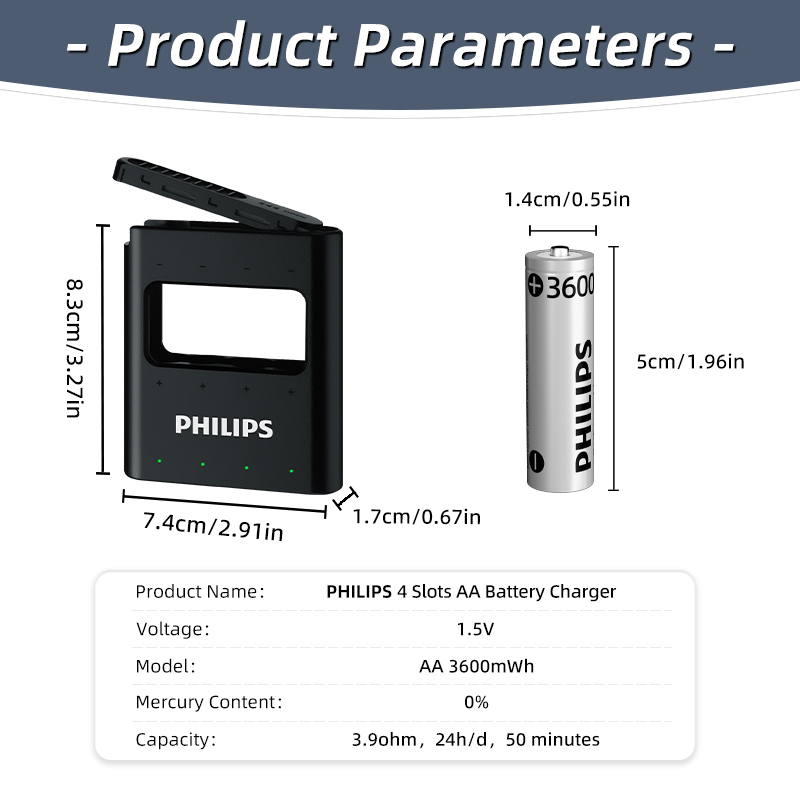 Philips 3600mWh AA Lithium Batteries 1.5V Fast Charger 2000 Cycles - 4 ...